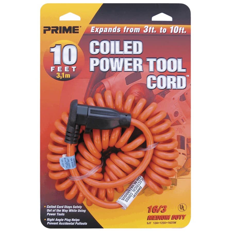 Prime Coiled Power Tool 10' 3 Outlet SJTW 16/3 Orange Extension Cord ...