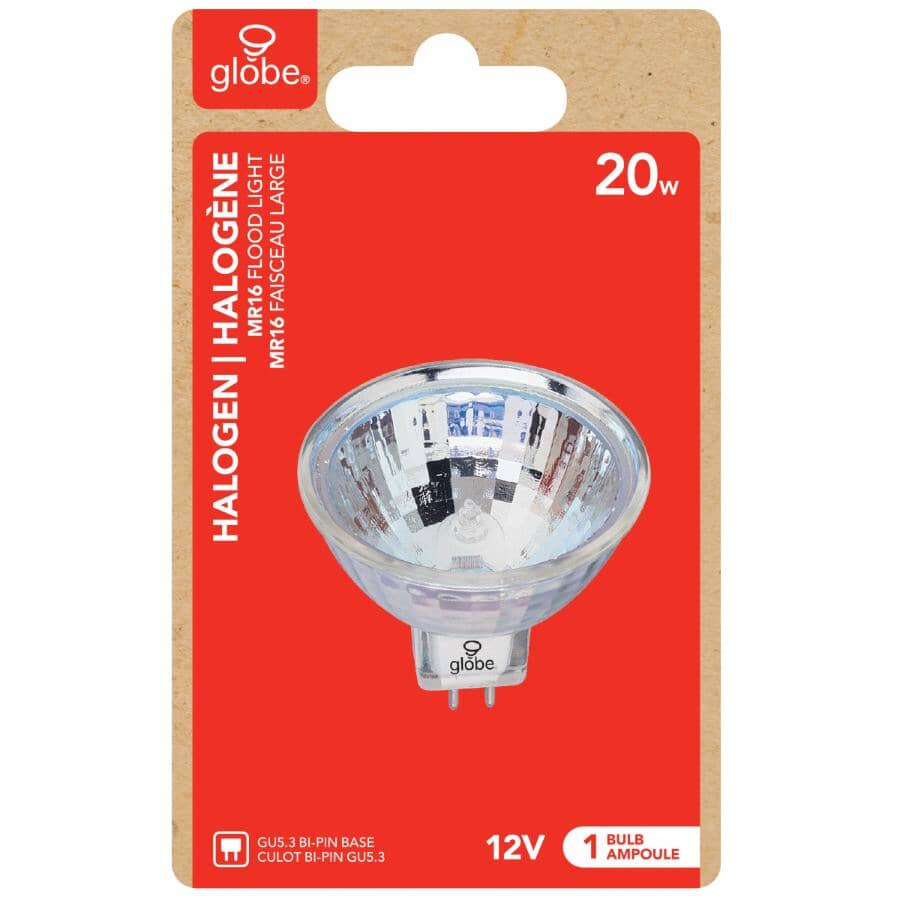 GLOBE ELECTRIC 20W, 12V, MR16 GU5.3 Base Dimmable Halogen Light Bulb ...