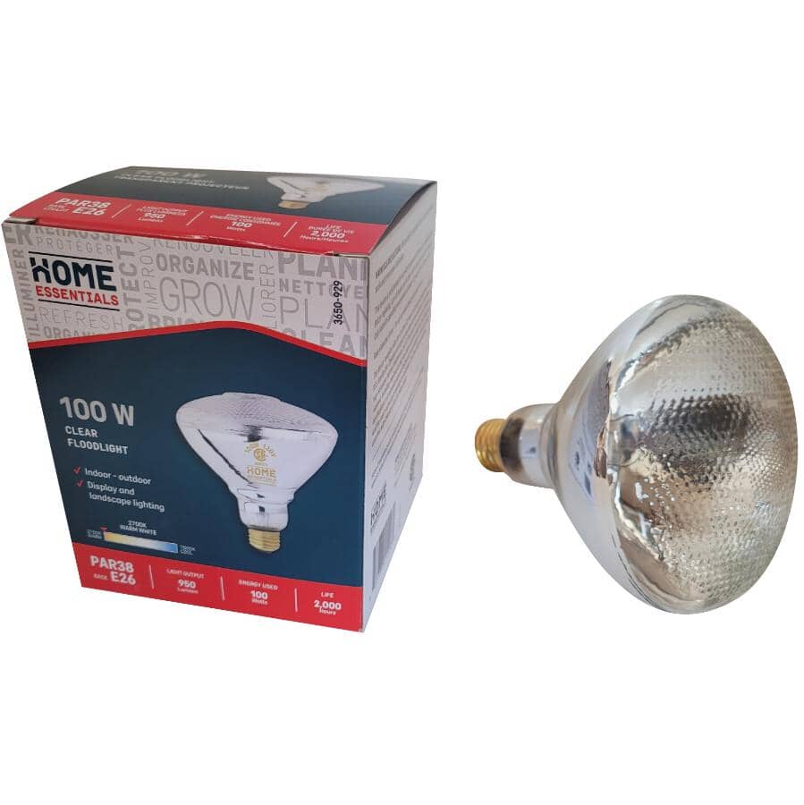 HOME ESSENTIALS 100W PAR38 Medium Base Clear Indoor & Outdoor Flood ...