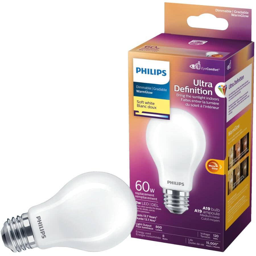 PHILIPS 8W A19 Medium Base Soft White Warm Glow Dimmable LED Light Bulb ...