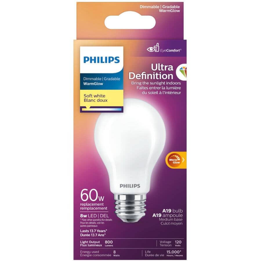 PHILIPS 8W A19 Medium Base Soft White Warm Glow Dimmable LED Light Bulb ...