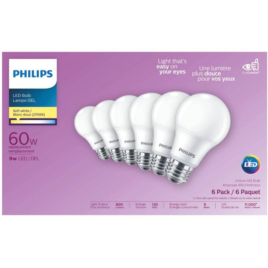 PHILIPS 9W A19 Medium Base Soft White LED Light Bulbs Non-Dimmable ...
