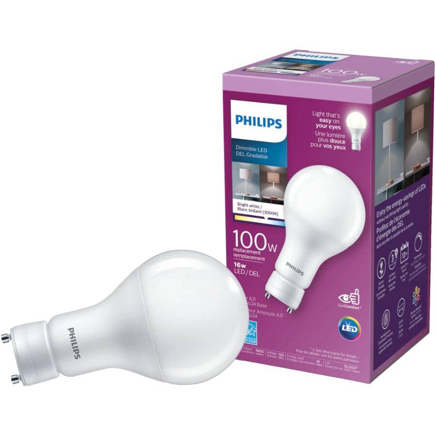 PHILIPS 16W A21 GU24 Base Bright White Dimmable LED Light Bulb | Home ...
