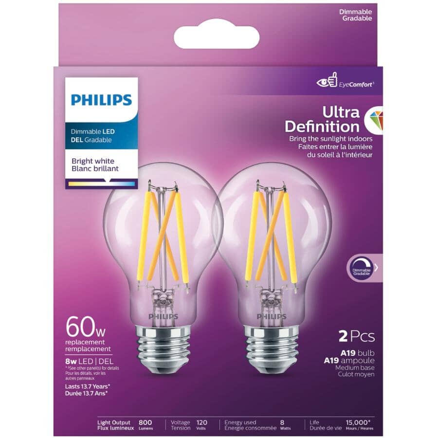 PHILIPS 8W A19 Medium Base Ultra Definition Bright White Dimmable LED ...