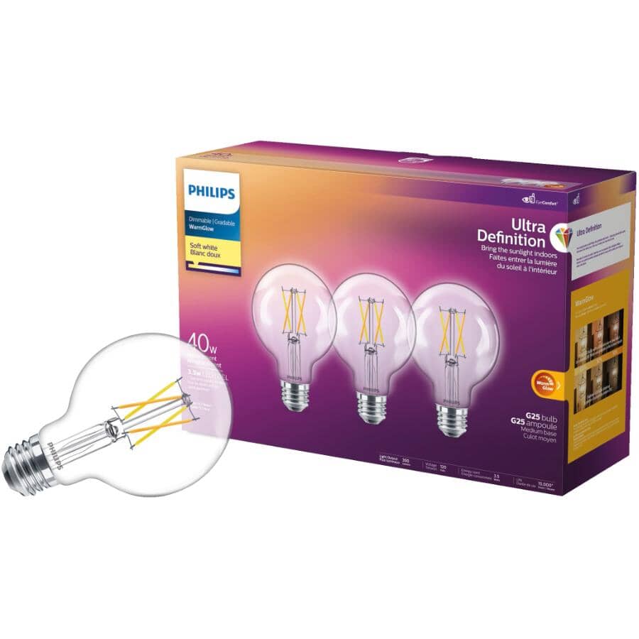 PHILIPS 3.5W G25 Medium Base Soft White Warm Glow LED Light Bulbs ...
