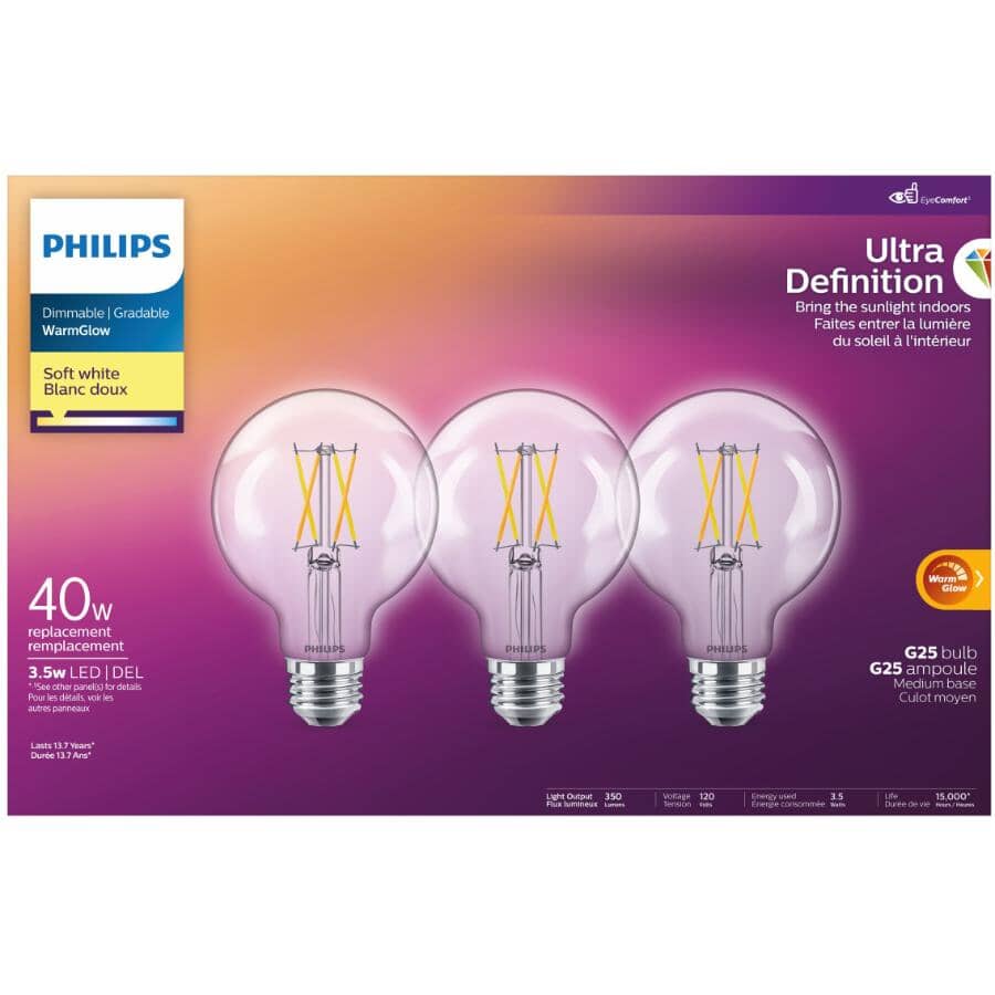 PHILIPS 3.5W G25 Medium Base Soft White Warm Glow LED Light Bulbs ...
