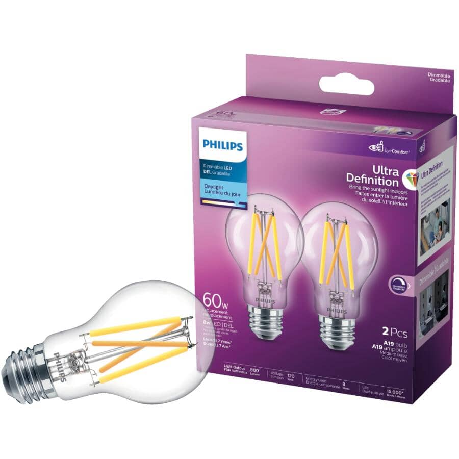 PHILIPS 8W A19 Medium Base Ultra Definition Daylight Dimmable LED Light ...