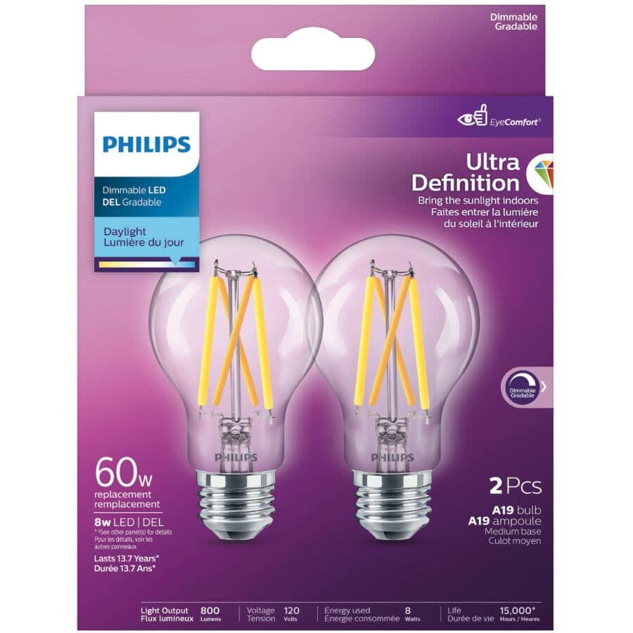 PHILIPS 8W A19 Medium Base Ultra Definition Daylight Dimmable LED Light ...