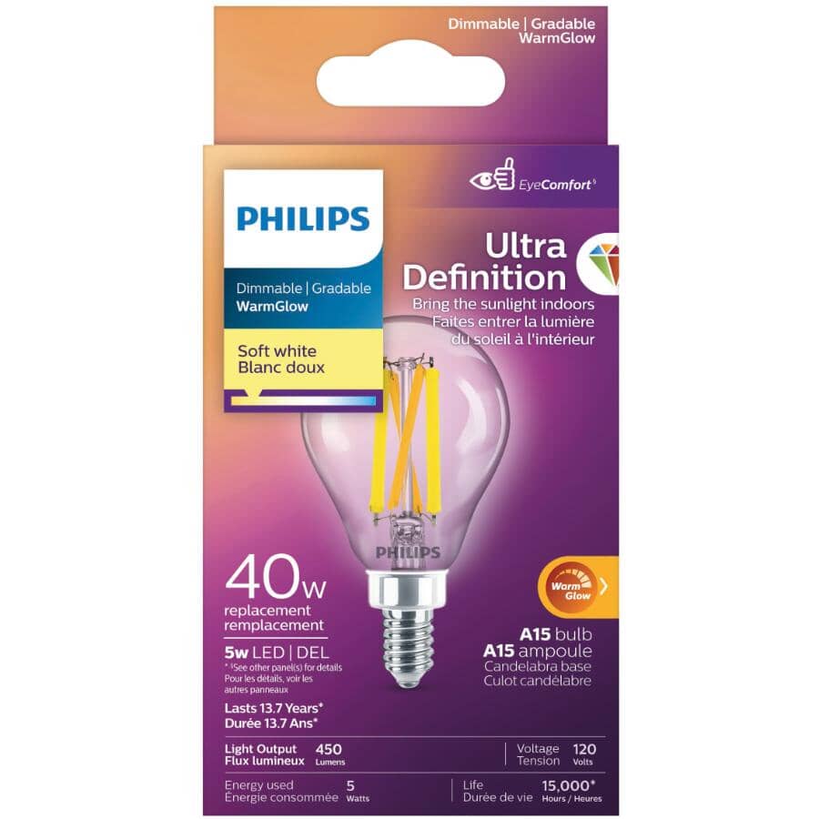 PHILIPS 5W A15 Candelabra Base Ultra Definition Soft White Warm Glow Dimmable LED Light Bulb ...