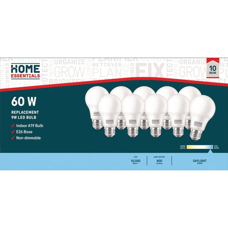 HOME ESSENTIALS 9W A19 Medium Base Daylight Non-Dimmable LED Light ...