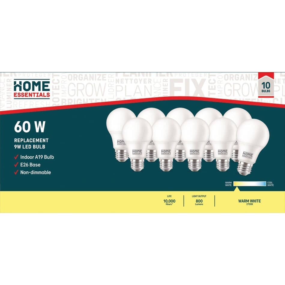 HOME ESSENTIALS 9W A19 Medium Base Warm White Non-Dimmable LED Light ...
