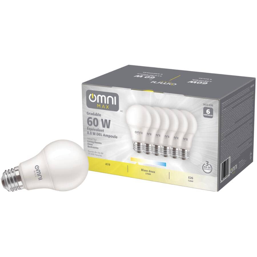 OMNIMAX 8.8W A19 Medium Base Soft White Dimmable LED Light Bulbs | Home ...
