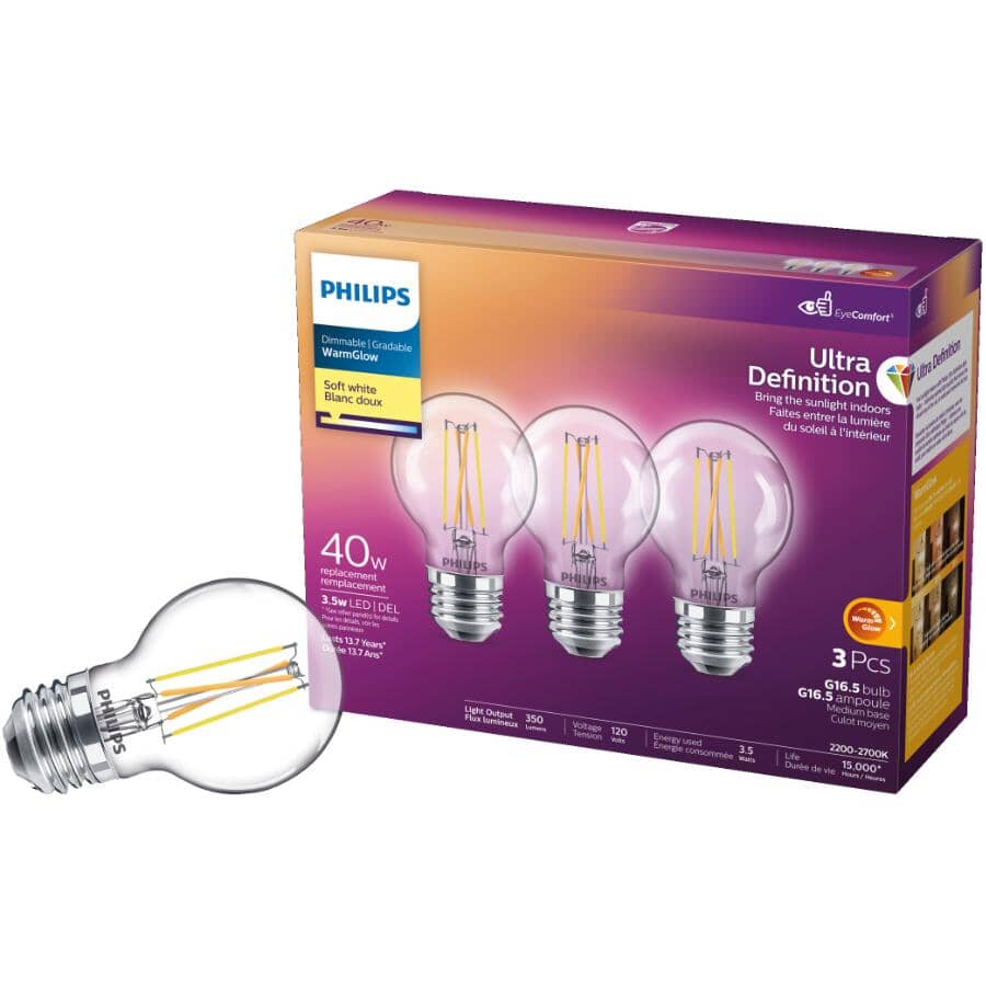 PHILIPS Ultra Definition 3.5W G16.5 Medium Base Soft White Warm Glow Dimmable Clear Globe LED ...