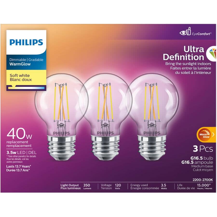 PHILIPS Ultra Definition 3.5W G16.5 Medium Base Soft White Warm Glow Dimmable Clear Globe LED ...
