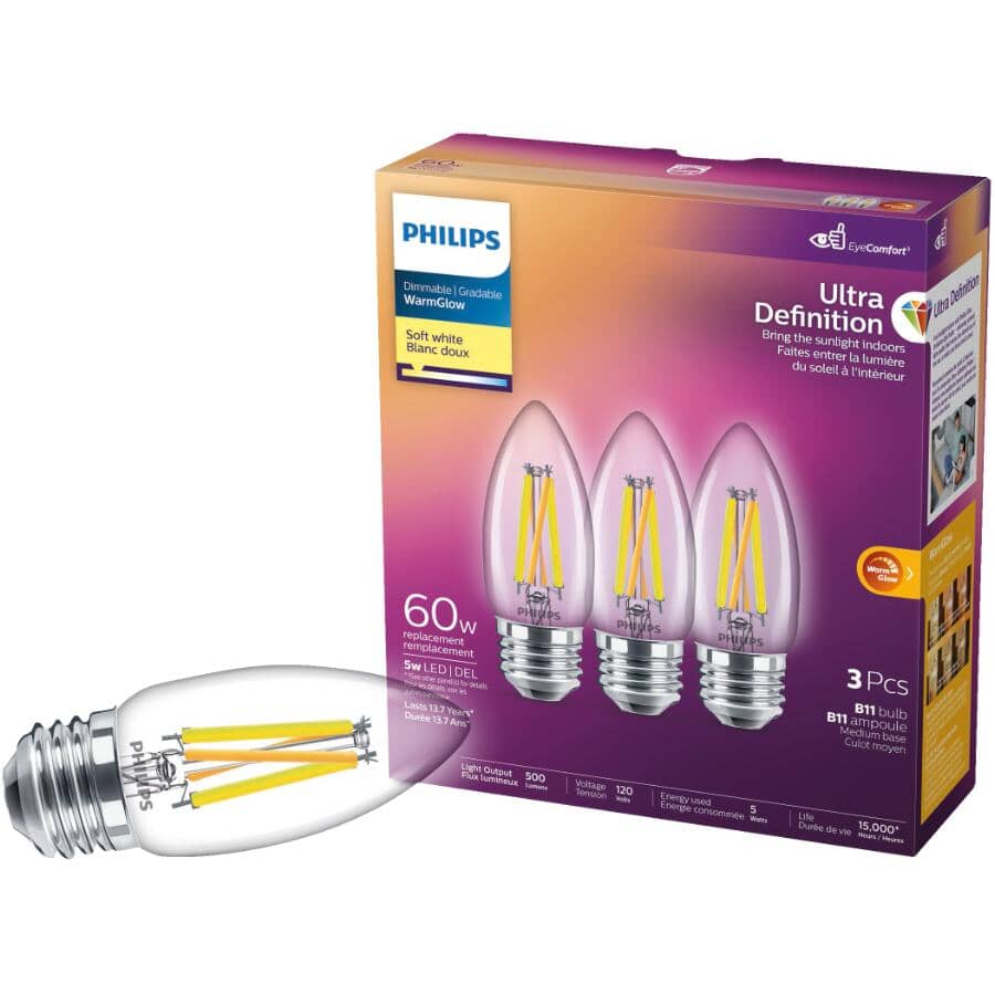 PHILIPS 5W B11 Medium Base Soft White Warm Glow Dimmable LED Light ...