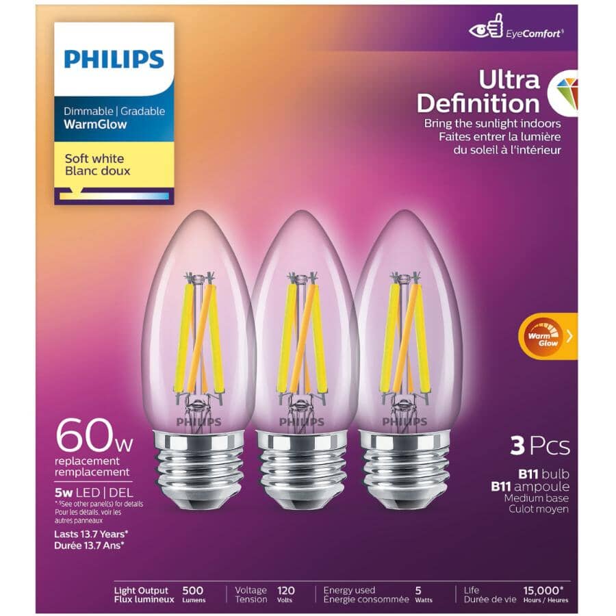 PHILIPS 5W B11 Medium Base Soft White Warm Glow Dimmable LED Light ...