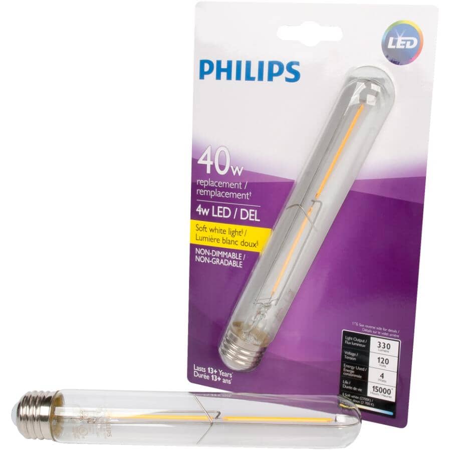 PHILIPS 4W T10 Medium Base Soft White Glass Filament LED Light Bulb ...