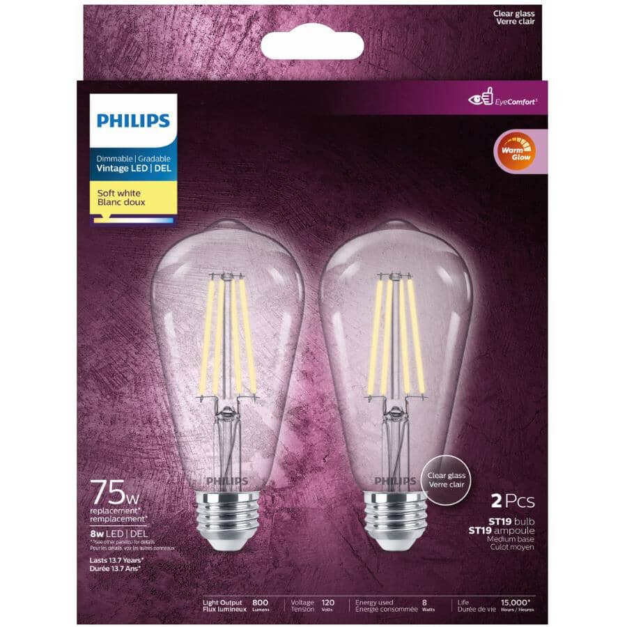 PHILIPS 8W ST19 Medium Base Soft White Warm Glow LED Light Bulbs | Home ...
