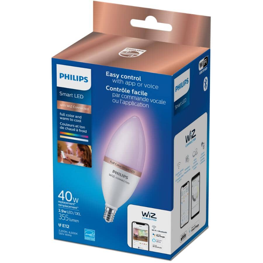 WIZ 3.9W B11 Candelabra Base Full Colour & Tunable Smart LED Light Bulb ...