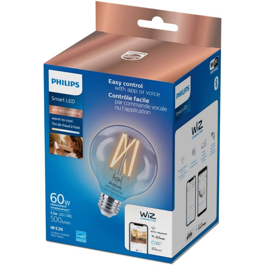 WIZ 5.5W G25 Tunable Smart Clear Globe LED Light Bulb | Home Hardware