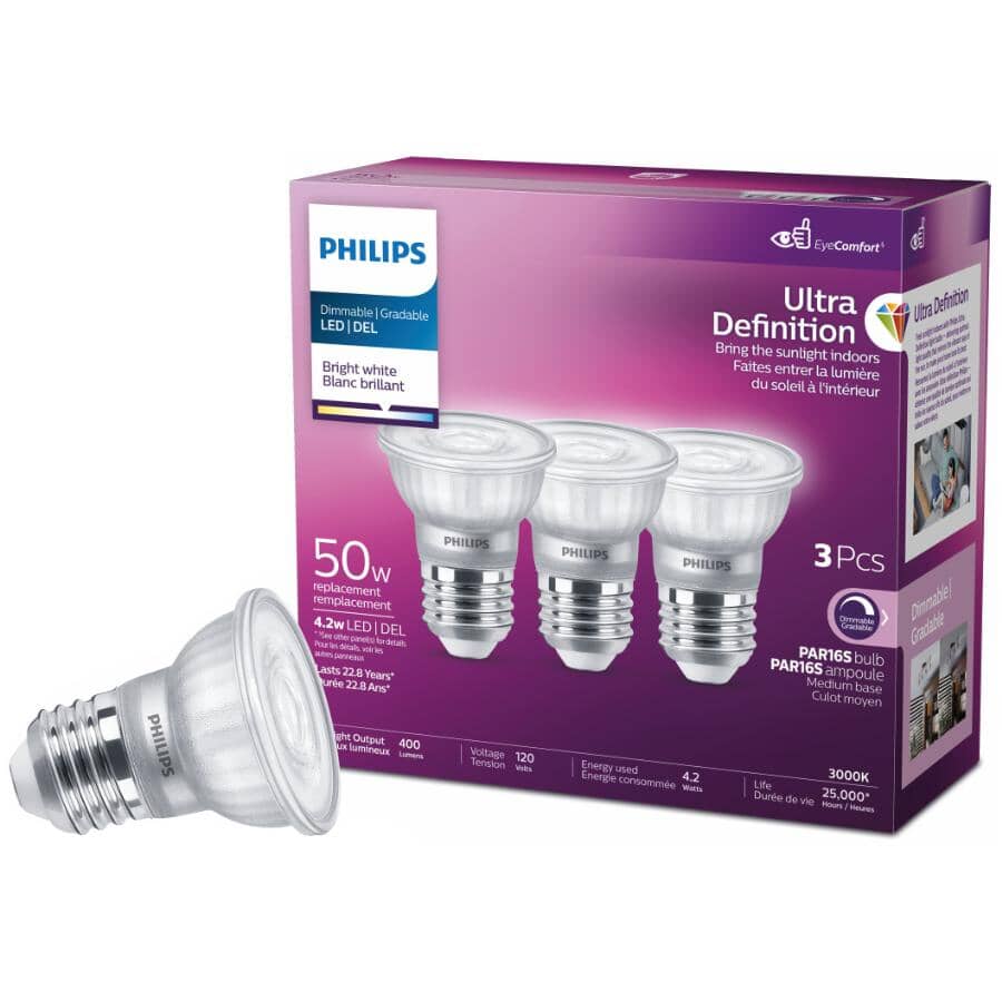 PHILIPS 4.2W Ultra Definition PAR16 Medium Base Bright White Dimmable ...