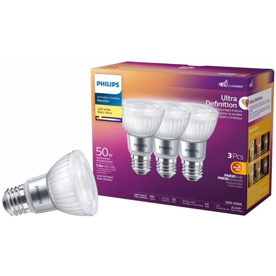 PHILIPS 5.8W Ultra Definition PAR20 Medium Base Soft White Warm Glow Dimmable LED Light Bulbs ...