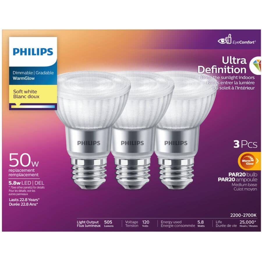 PHILIPS 5.8W Ultra Definition PAR20 Medium Base Soft White Warm Glow Dimmable LED Light Bulbs ...