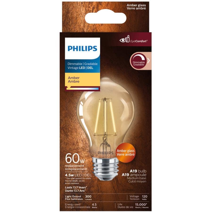 PHILIPS 4.5W A19 Medium Base Amber Dimmable Vintage LED Light Bulb ...