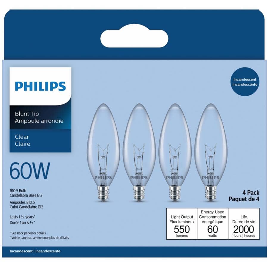 PHILIPS 60W B10.5 Candelabra Base Clear Chandelier Light Bulbs | Home ...