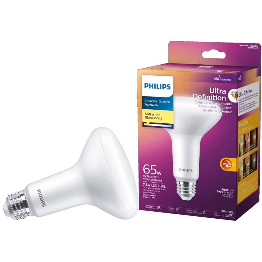 PHILIPS 7.5W BR30 Medium Base Soft White Warm Glow Dimmable LED Light ...