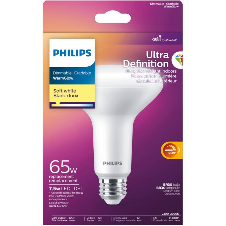 PHILIPS 7.5W BR30 Medium Base Soft White Warm Glow Dimmable LED Light ...