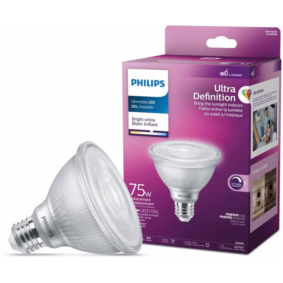 PHILIPS 9.5W PAR30 Medium Base Bright White Dimmable Short Neck LED ...