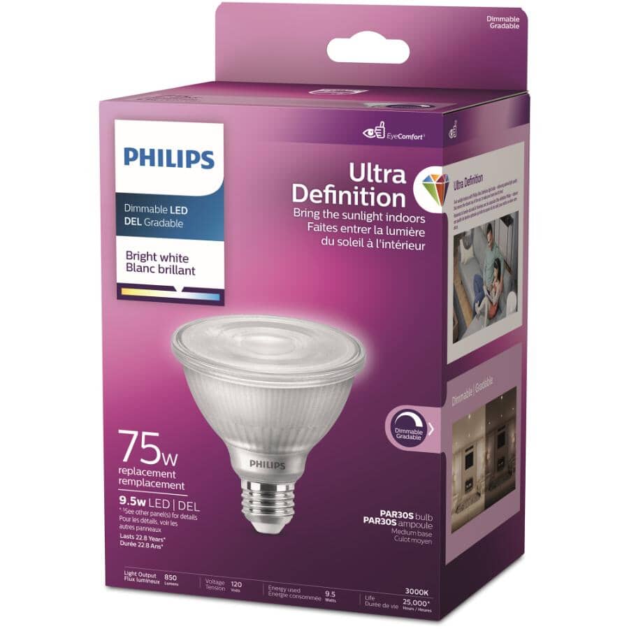 PHILIPS 9.5W PAR30 Medium Base Bright White Dimmable Short Neck LED ...