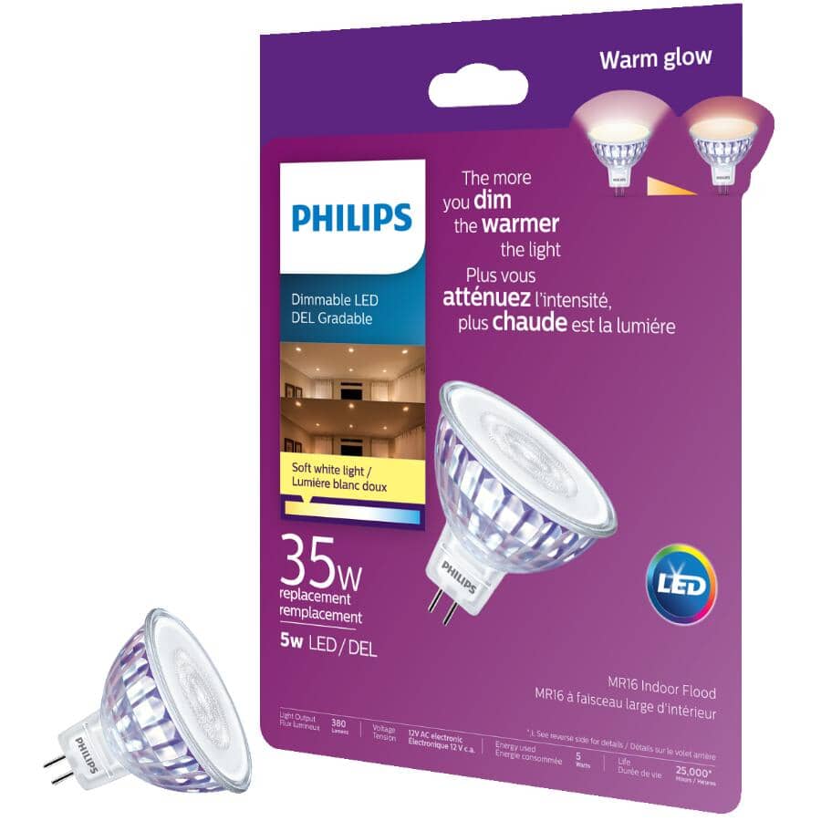 PHILIPS 5W MR16 GU5.3 Base Soft White Warm Glow Dimmable LED Light Bulb ...