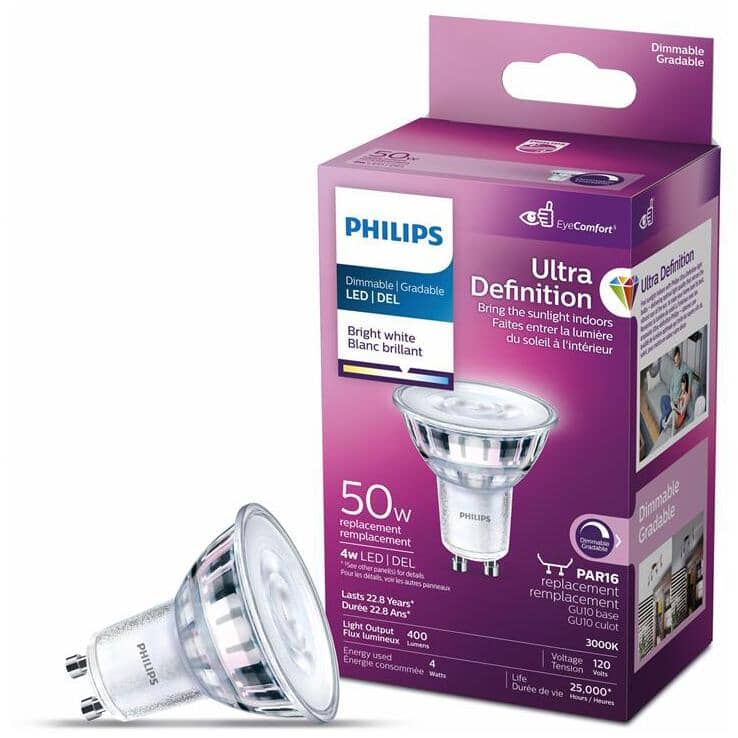 PHILIPS 4W MR16 GU10 Base Bright White Ultra Definition Dimmable LED ...