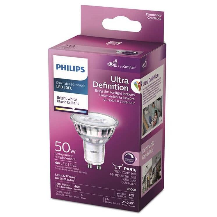 PHILIPS 4W MR16 GU10 Base Bright White Ultra Definition Dimmable LED ...