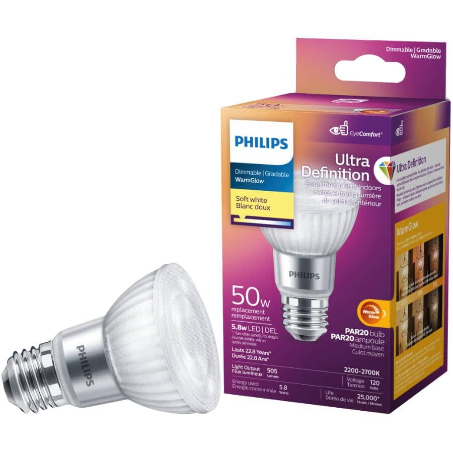 PHILIPS 5.5W PAR20 Medium Base Soft White Warm Glow Dimmable LED Light ...