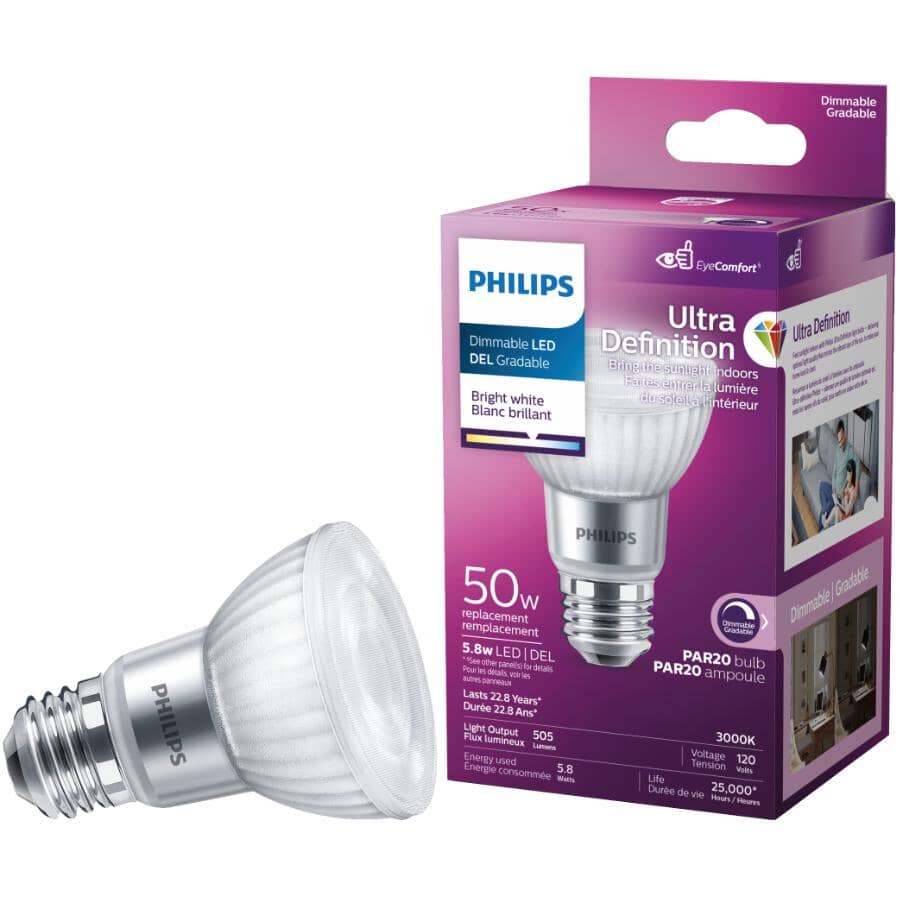 PHILIPS 5.8W PAR20 Medium Base Bright White Dimmable LED Light Bulb ...