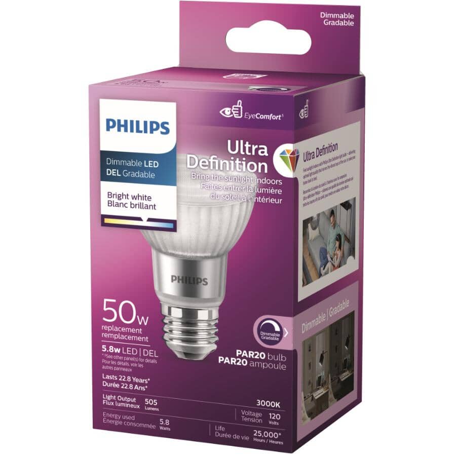 PHILIPS 5.8W PAR20 Medium Base Bright White Dimmable LED Light Bulb ...