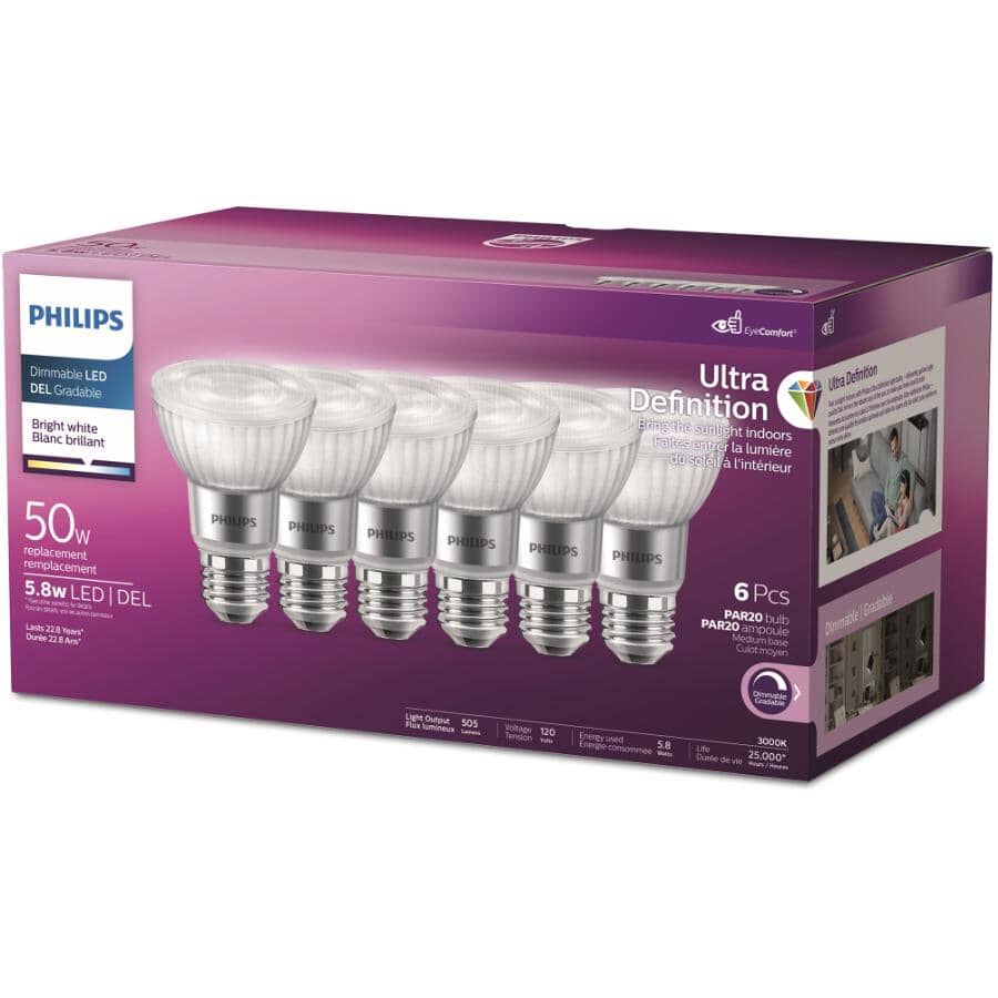 PHILIPS 5.8W PAR20 Medium Base Bright White Dimmable Ultra Definition ...