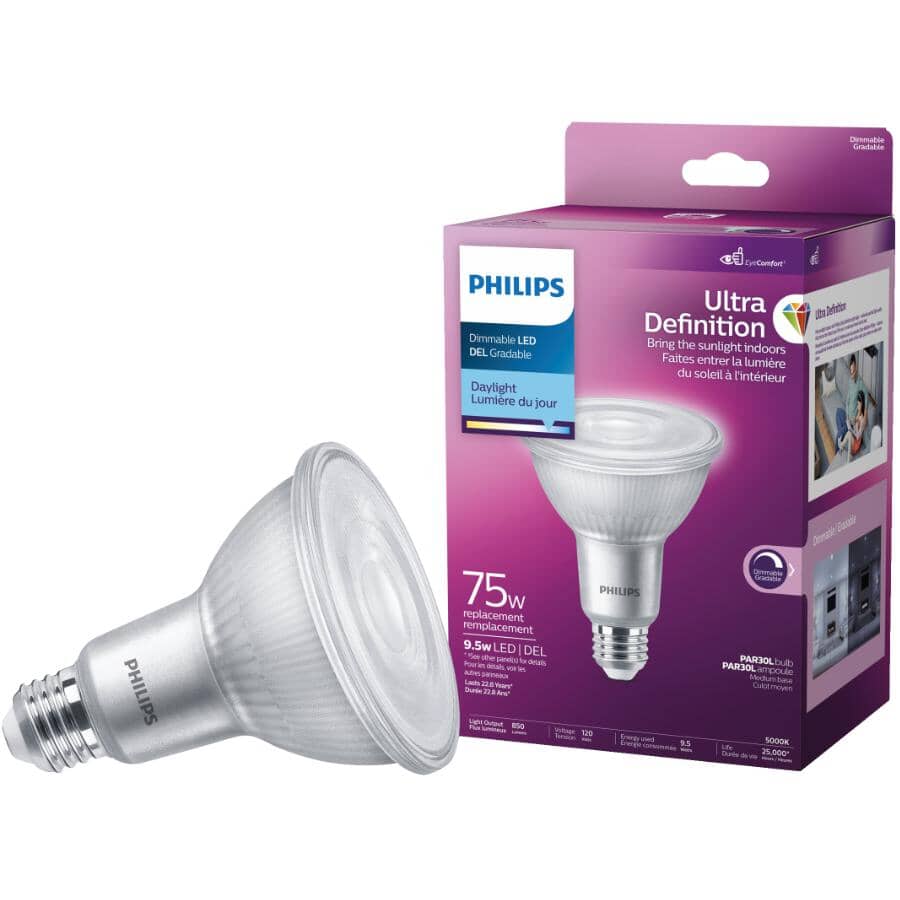 PHILIPS 9.5W PAR30 Medium Base Daylight Dimmable Long Neck LED Light ...