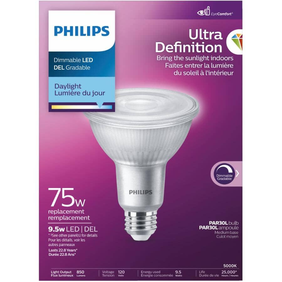 PHILIPS 9.5W PAR30 Medium Base Daylight Dimmable Long Neck LED Light ...