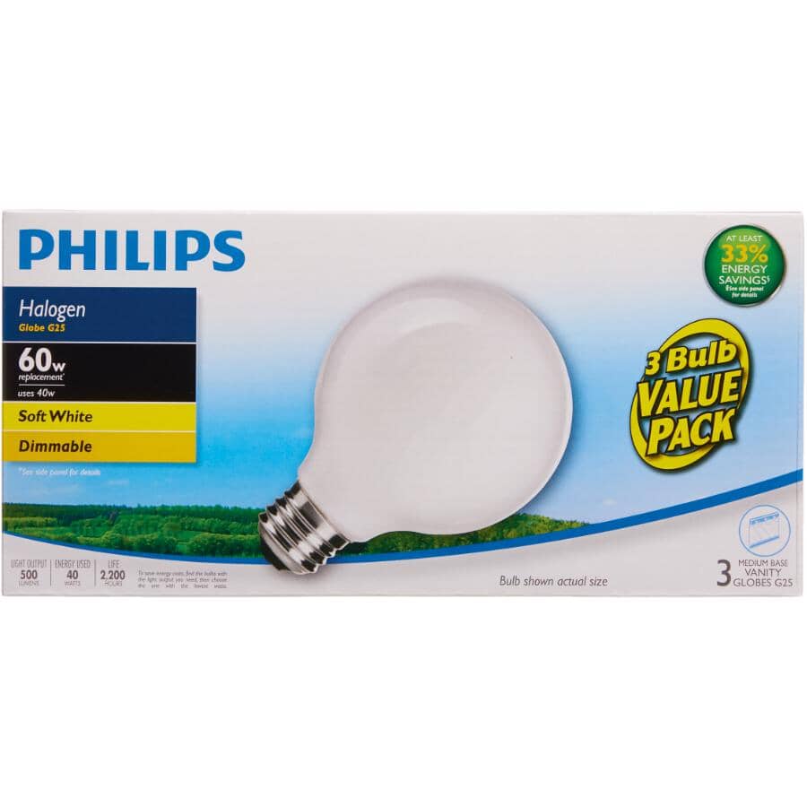 PHILIPS 40W G25 Medium Base Soft White Dimmable Halogen Light Bulbs ...