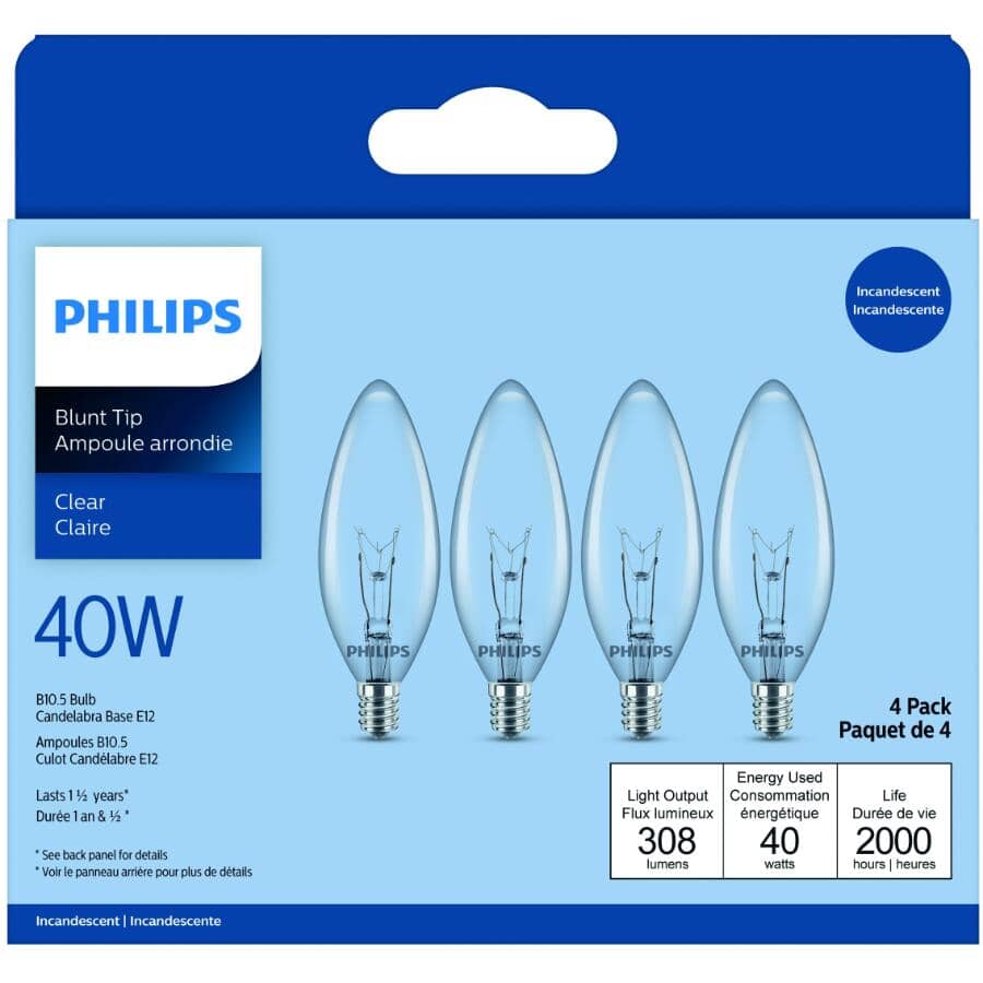 PHILIPS DuraMax 40W B10 Candelabra Base Clear Chandelier Light Bulbs ...