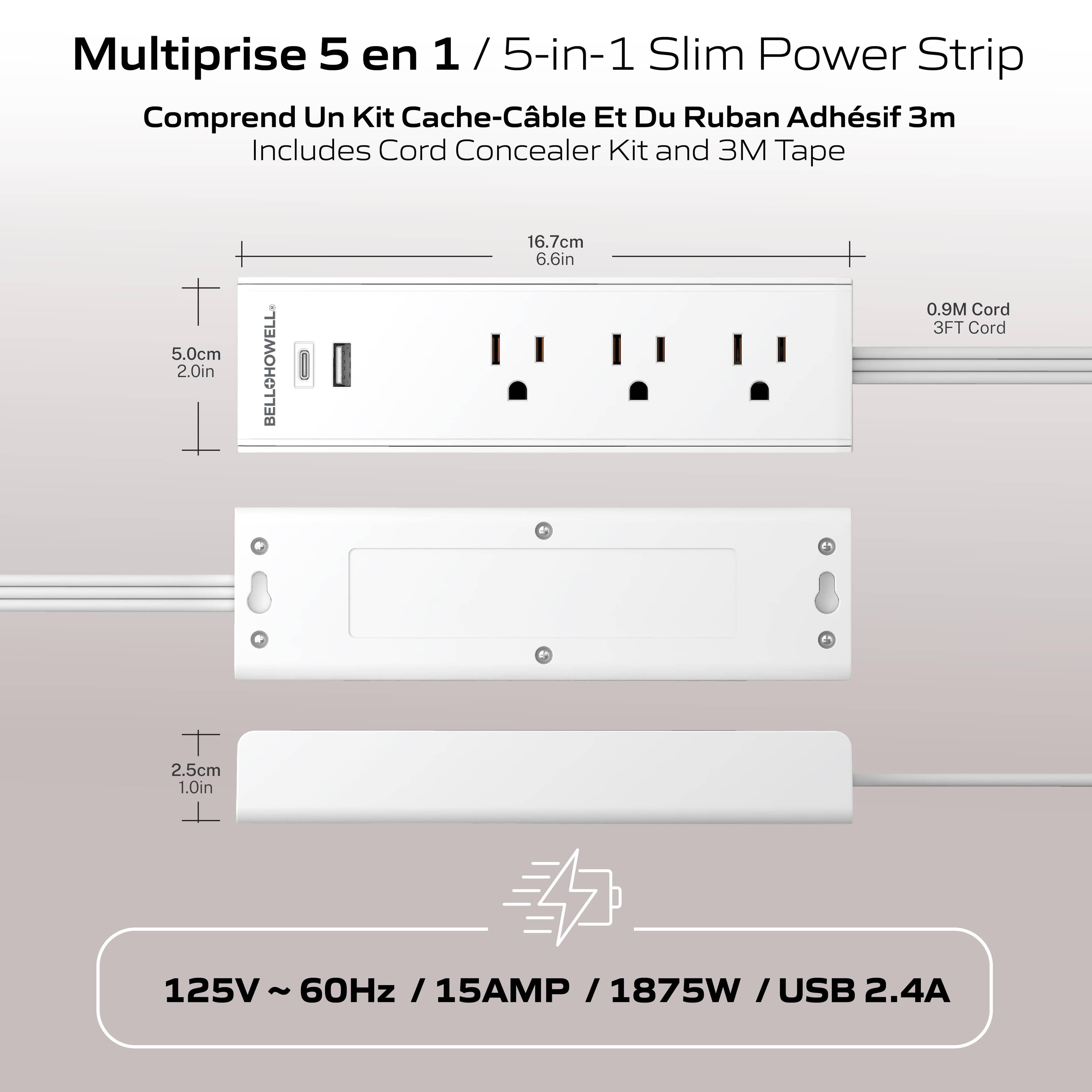 BELL & HOWELL Slim Power Strip with 3 Outlets, 1 Type-C & 1 USB ports ...