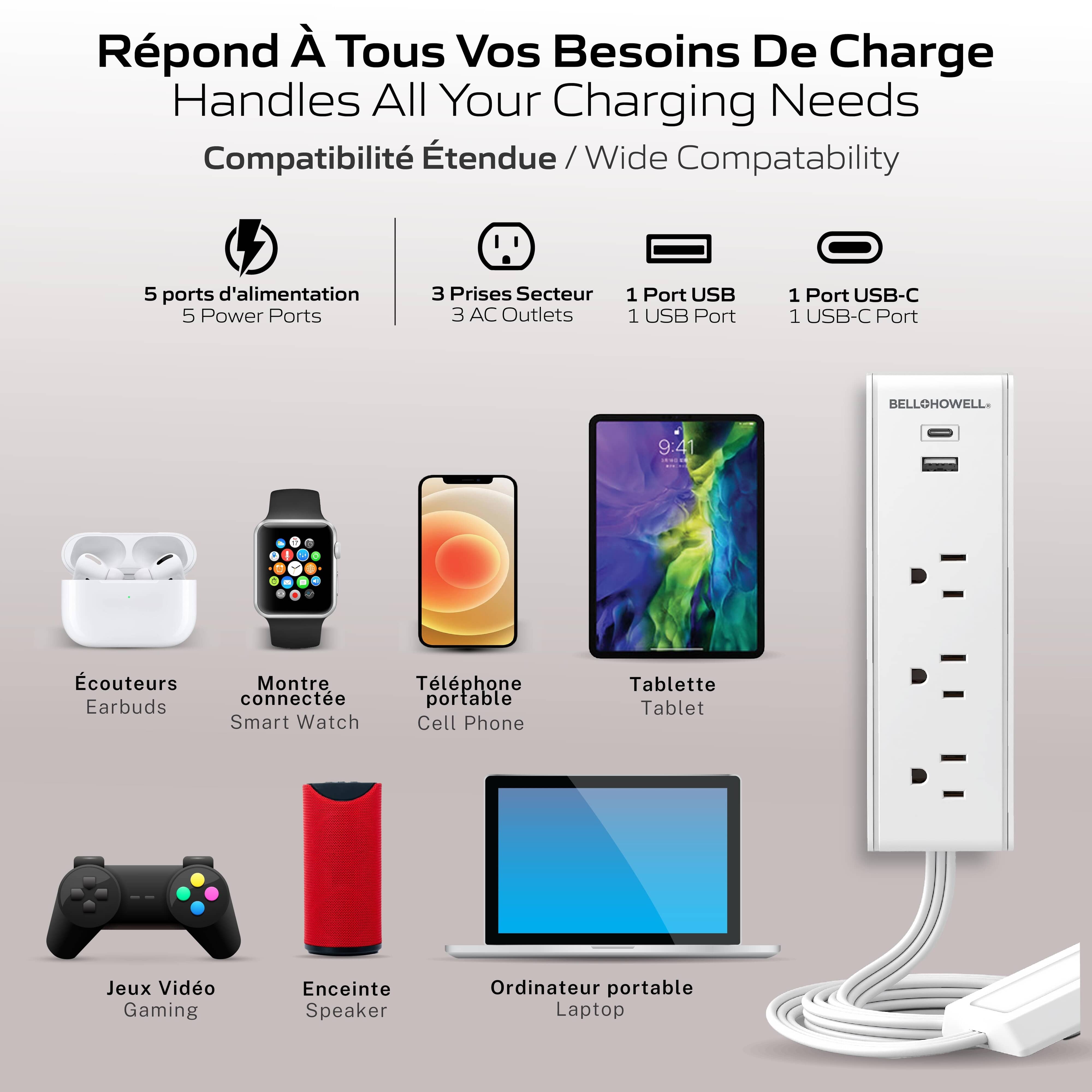 BELL & HOWELL Slim Power Strip with 3 Outlets, 1 Type-C & 1 USB ports ...