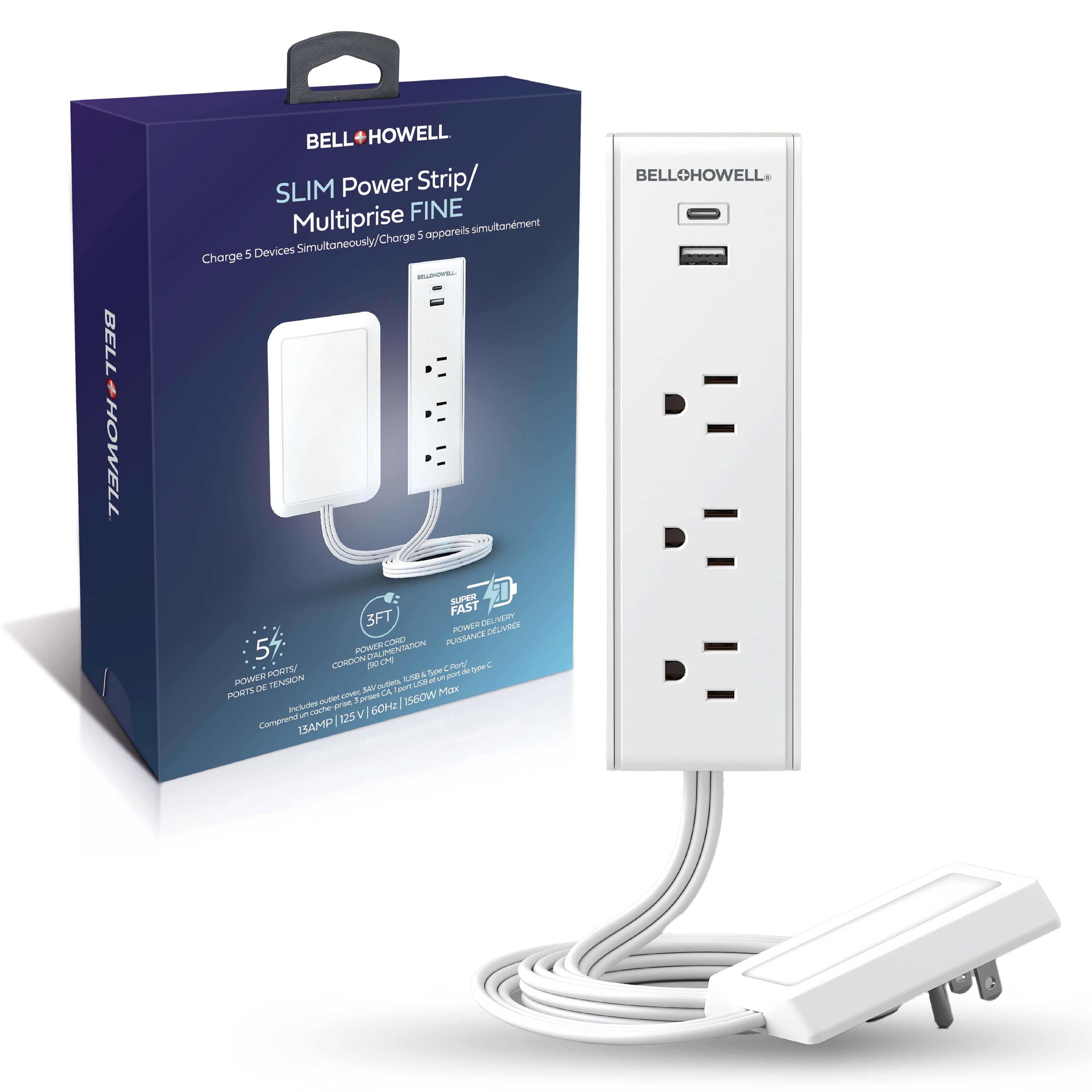 BELL & HOWELL Slim Power Strip with 3 Outlets, 1 Type-C & 1 USB ports ...