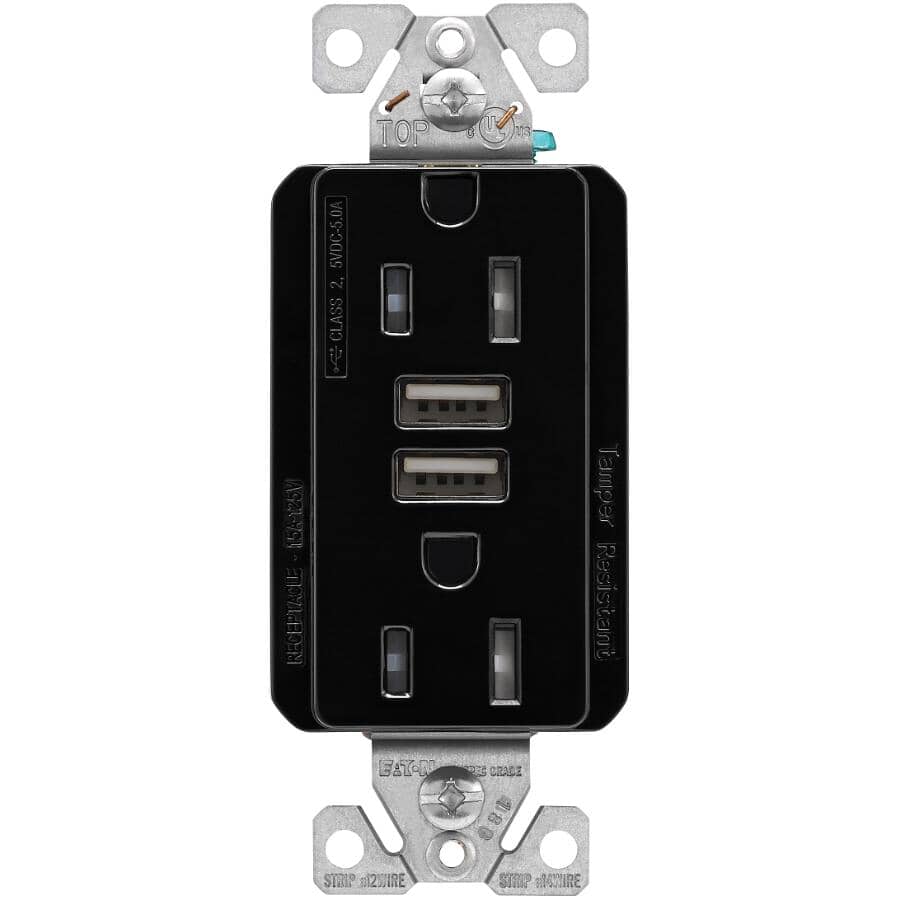 Eaton Black 5 Amp Dual Port USB Charger with 15 Amp Tamper Resistant ...