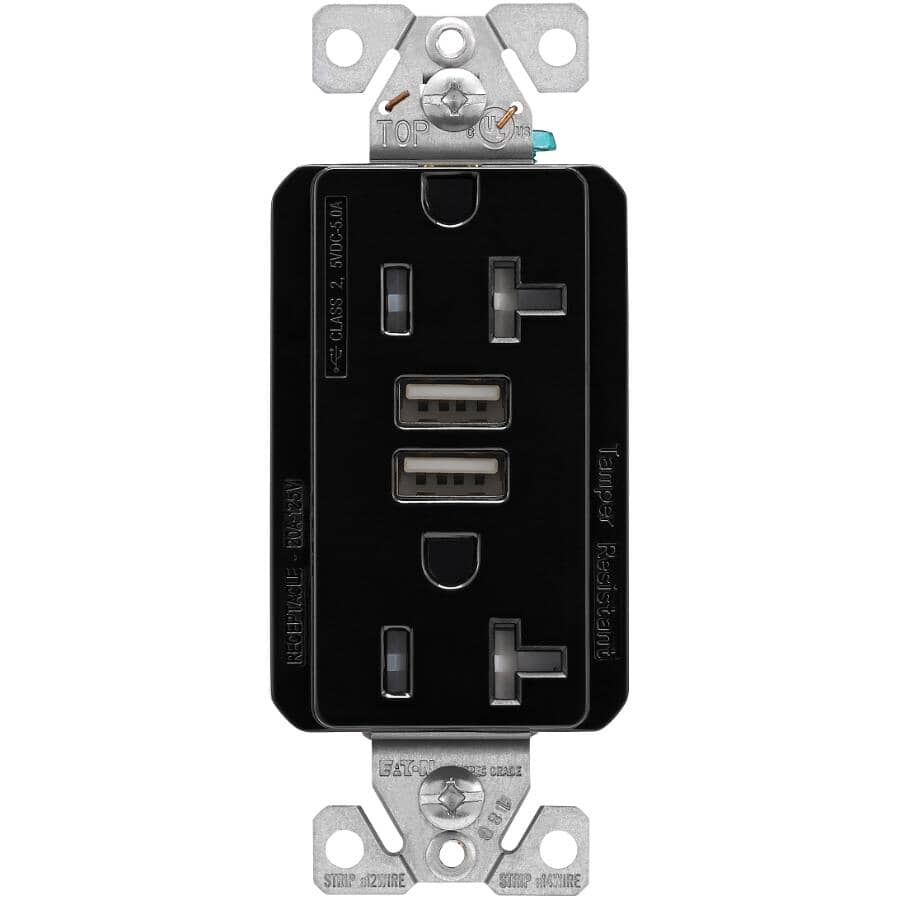 Eaton Black 5 Amp Dual Port USB Charger with 20 Amp Tamper Resistant ...