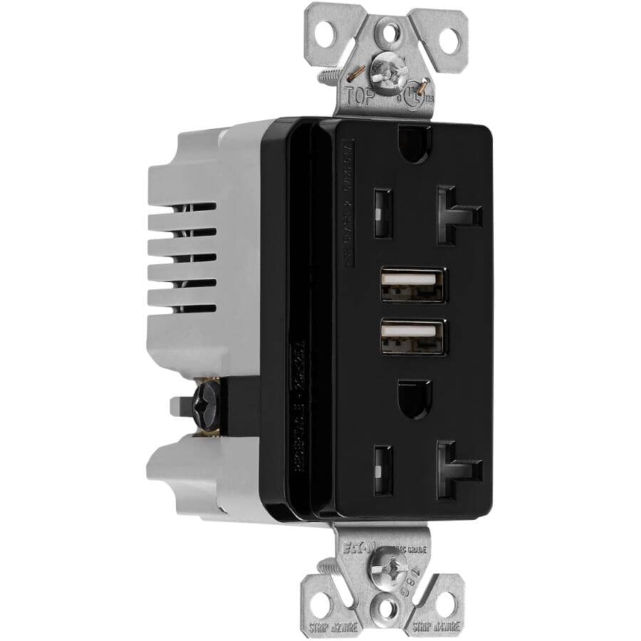 Eaton Black 5 Amp Dual Port USB Charger with 20 Amp Tamper Resistant ...
